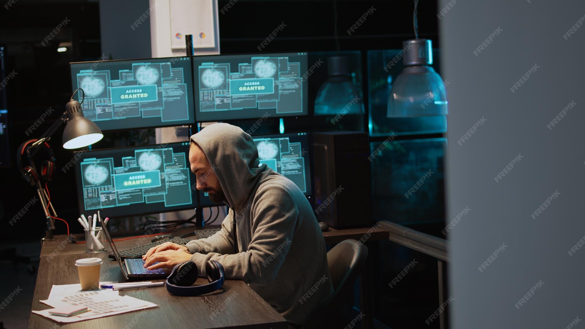 Premium Photo | Dangerous it coder working on security breach, creating cyber attack on data ...