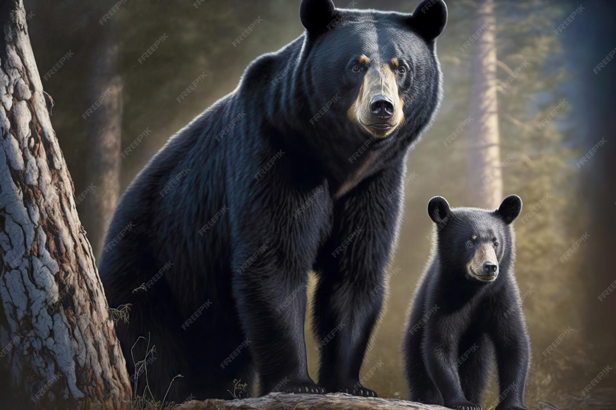 Premium Photo Dark Brown Bear With Cubs In Wild Nature