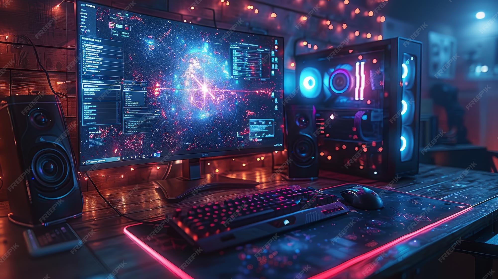 Premium Photo | In the dark a powerful desktop computer with an empty monitor keyboard and mouse ...