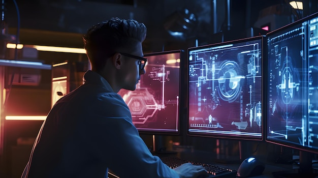 Premium Ai Image A Data Analyst In A Lab Setting Processing Complex Data On A Computer With