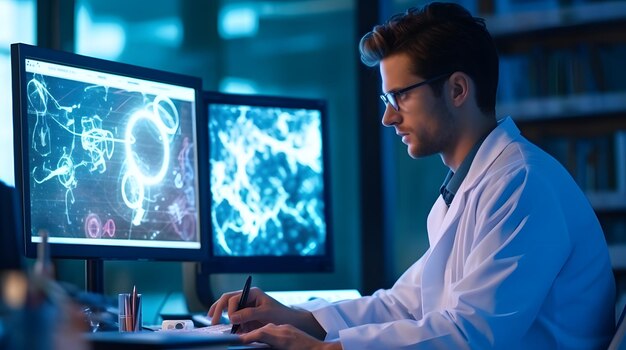 Premium AI Image | A data analyst in a lab setting processing complex data on a computer with ...