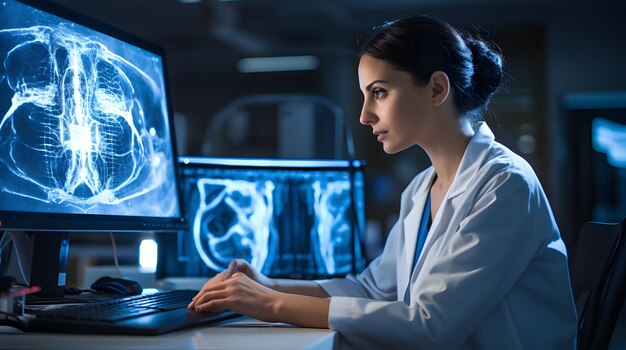 Premium Ai Image A Data Analyst In A Lab Setting Processing Complex Data On A Computer With