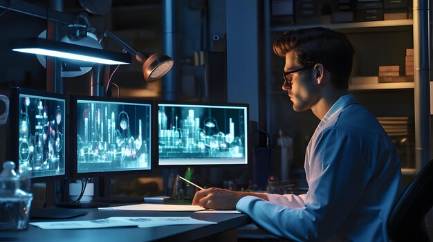 Premium Ai Image A Data Analyst In A Lab Setting Processing Complex Data On A Computer With