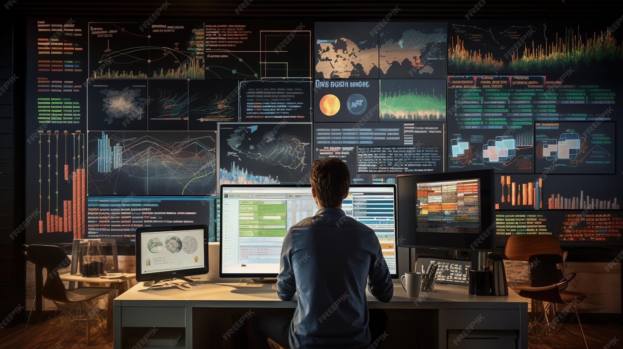 Premium AI Image | Data Analyst at Work Multitasking in a HighTech ...