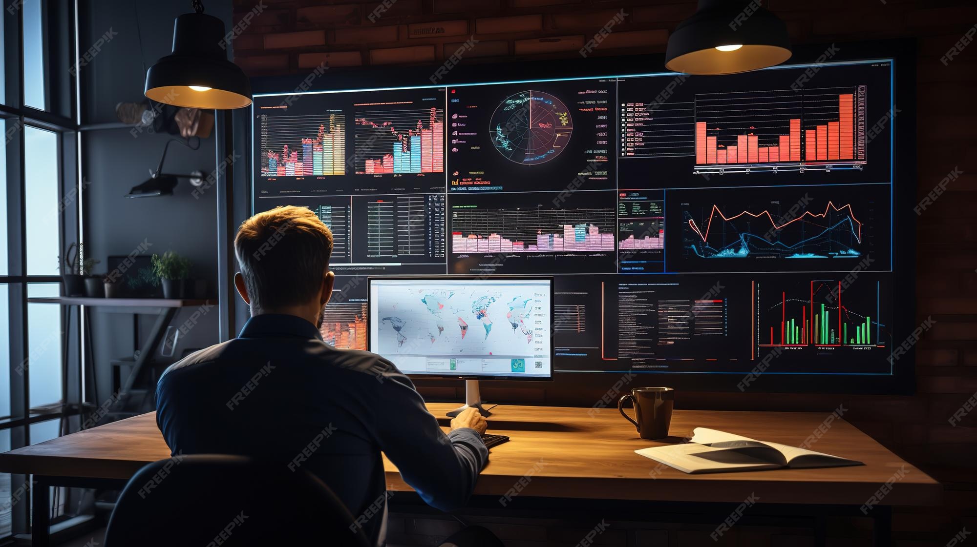 Premium AI Image | Data Analyst at Work Multitasking in a HighTech ...