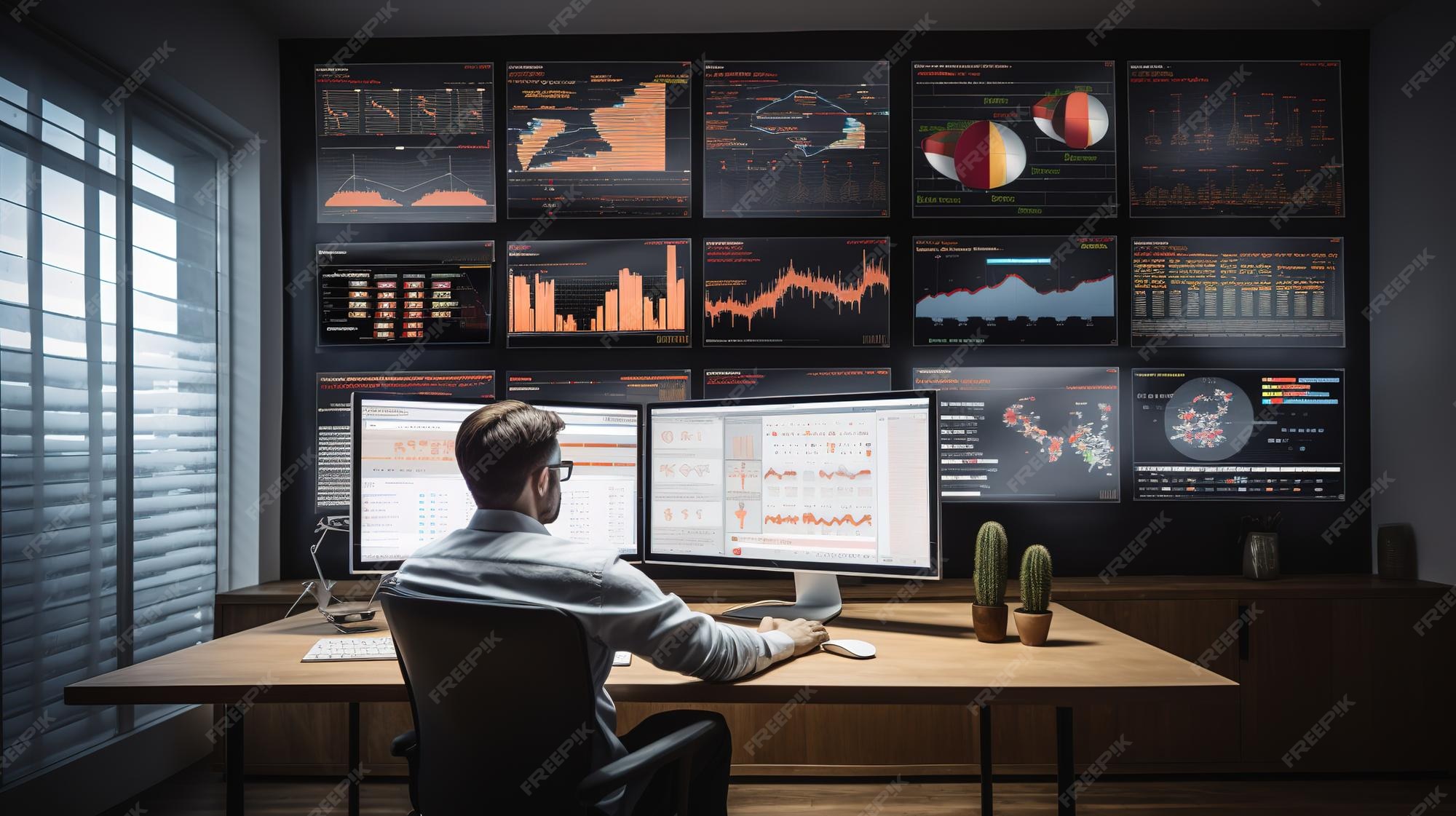 Premium AI Image | Data Analyst at Work Multitasking in a HighTech ...