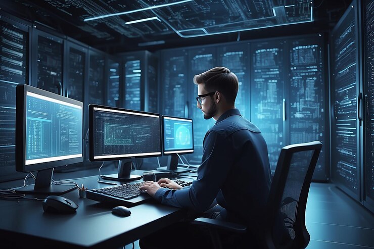 Data Processing digital technology internet network concept Computer programmer working on big ...