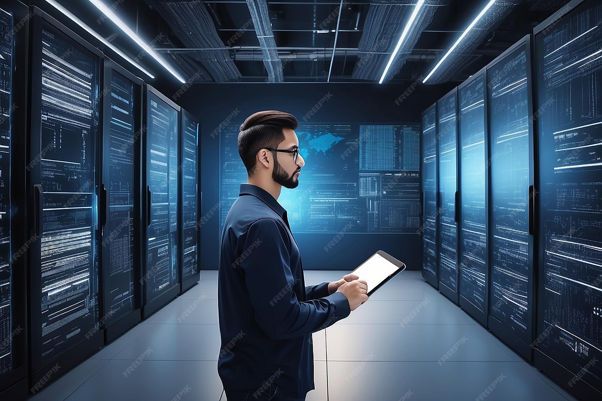 Data Processing digital technology internet network concept Computer programmer working on big ...