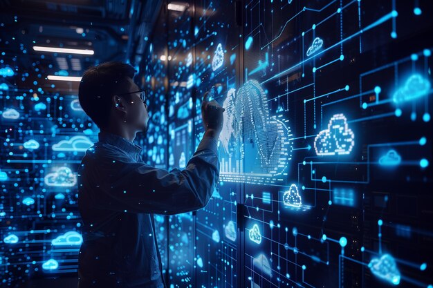 Data science AI and cloud computing concept Computer programmer working with database and global ...