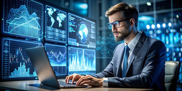 Data science and big data technology scientist computing analysing and visualizing complex data ...