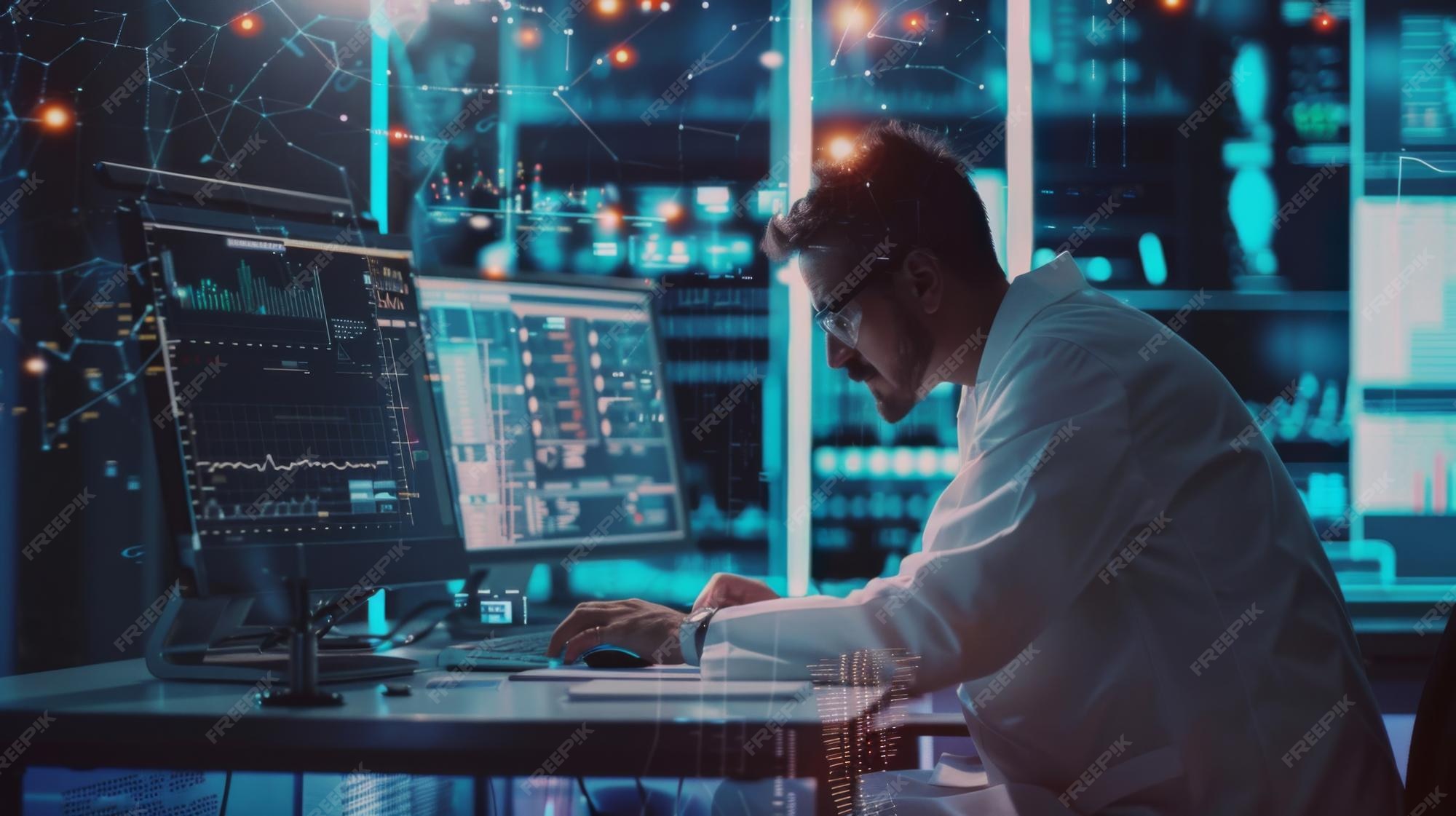 Data science and big data technology Scientist computing analysing and visualizing complex data ...