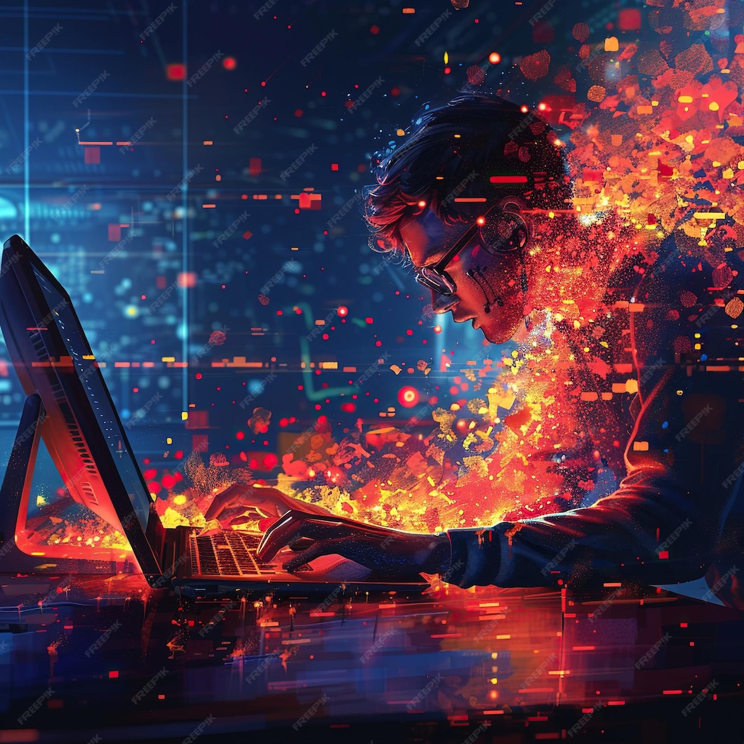 A data scientist coding on a computer the screen exploding in pixels of pop art data ...