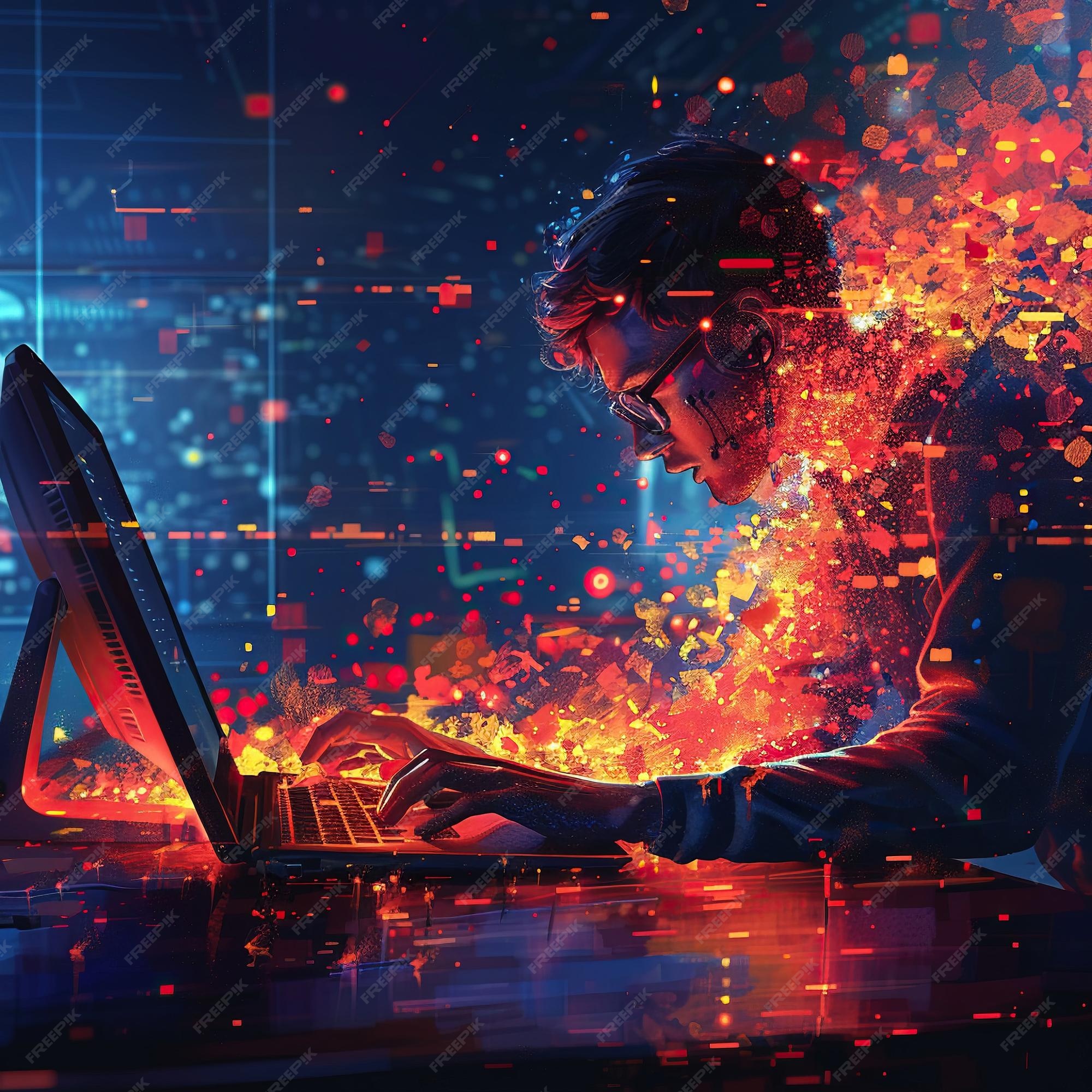 A data scientist coding on a computer the screen exploding in pixels of pop art data ...