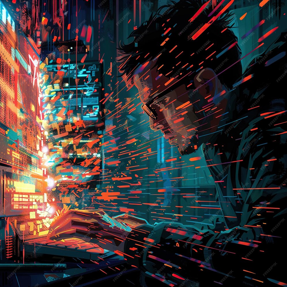 A data scientist coding on a computer the screen exploding in pixels of pop art data ...