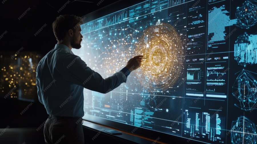 A data scientist visualizing complex data sets on large transparent ...