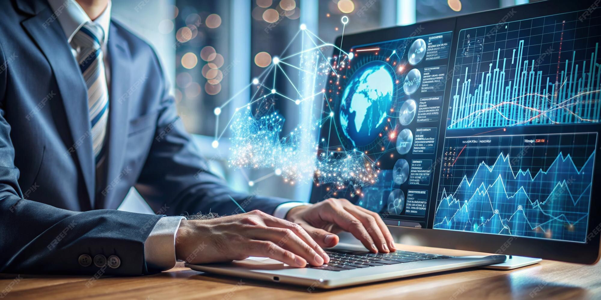 Data scientists Hand of programmer touch and analyzing development at various information on ...