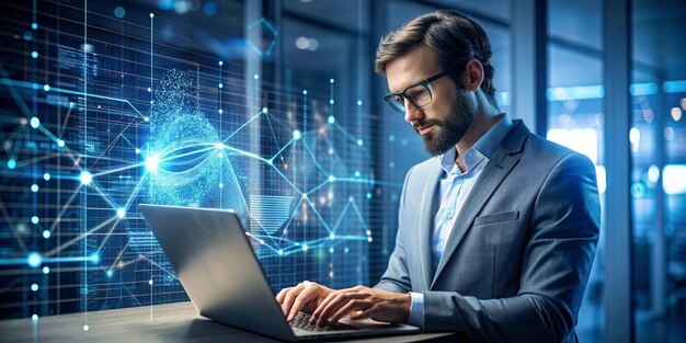 Data scientists Man programmer using laptop analyzing and development at various information on ...