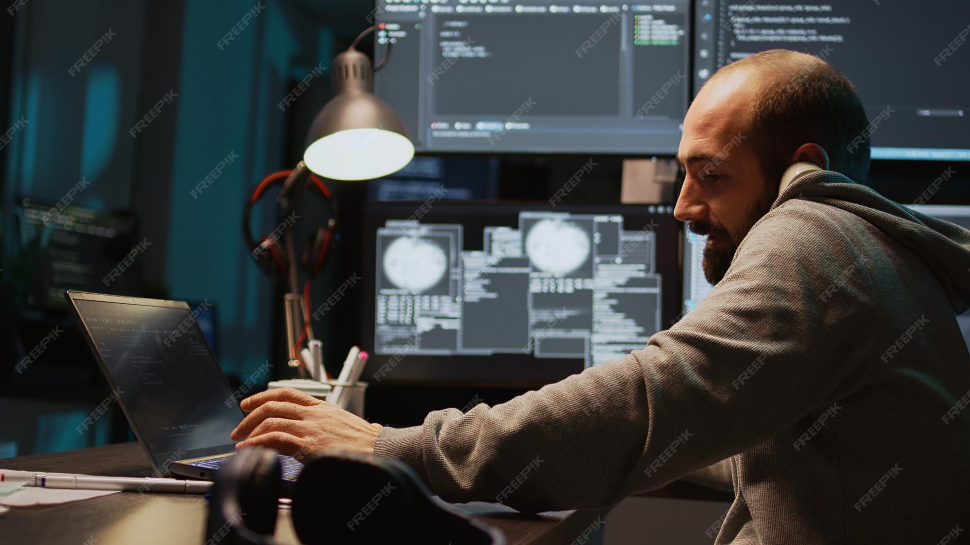 Premium Photo | Database admin answering landline phone call late at night, talking on office ...