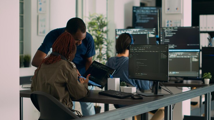 Premium Photo Database Developer Explaining Algorithm To Colleague Coder Pointing At Running 