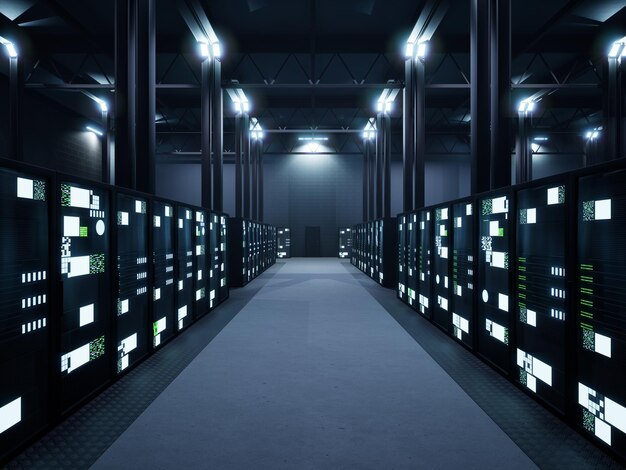 Premium Photo | Database servers in render farm with flickering lights for neural network ...