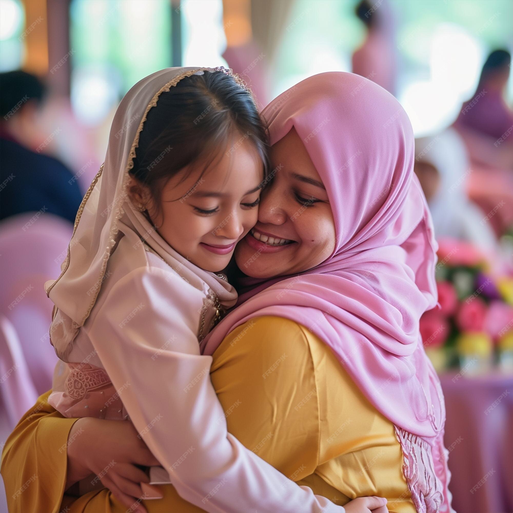 Premium Photo Daughter Embracing Mother During Eid Celebration In