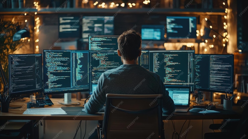 A debugging process with a programmer focused on identifying issues in the code surrounded by ...