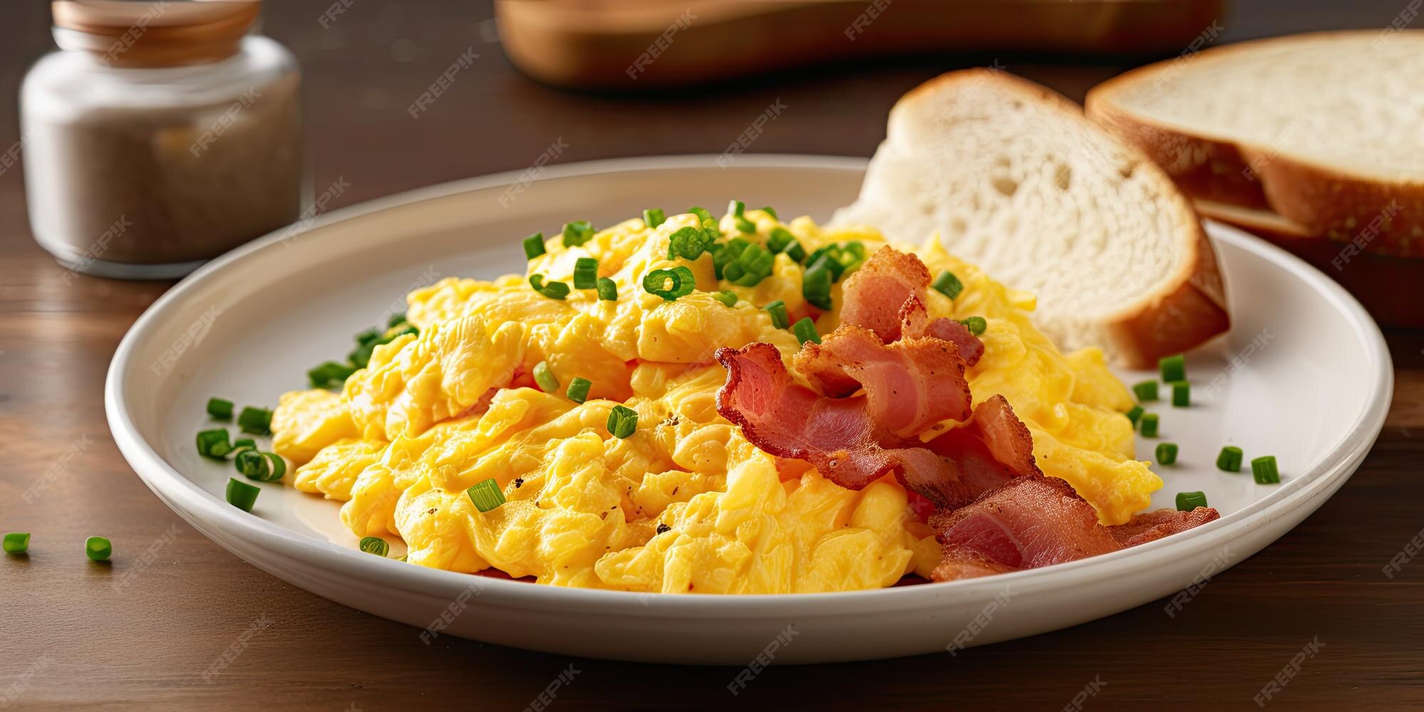 Premium Photo Delicious Plate Of Scrambled Eggs And Bacon Isolated On