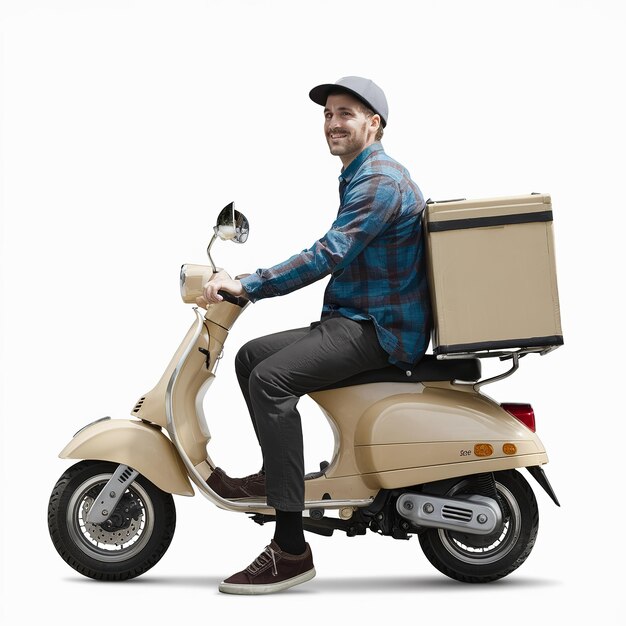 Premium Photo Delivery Man Riding Scooter Isolated On White Background
