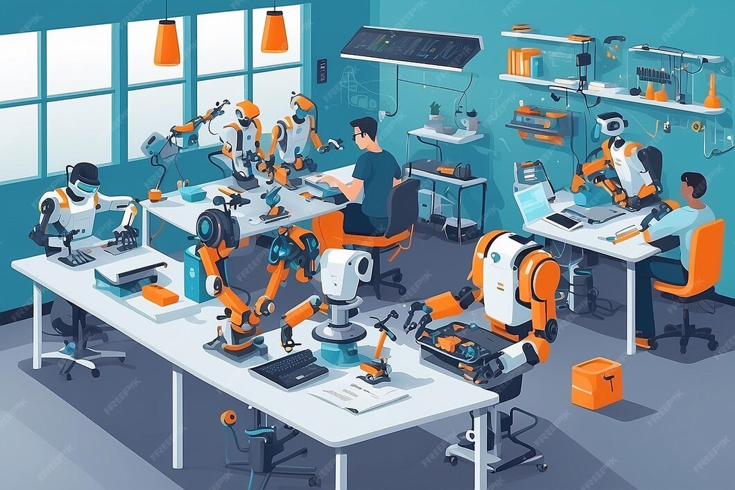 Premium Photo | Depict a robotics lab corner with students working on ...