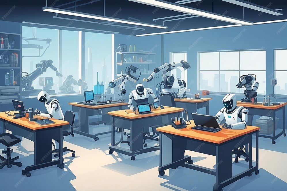 Premium Photo | Depict a robotics lab corner with students working on ...