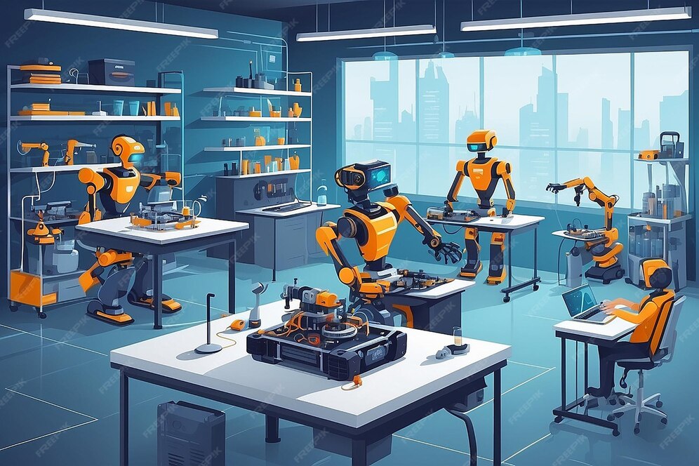 Premium Photo | Depict a robotics lab corner with students working on ...