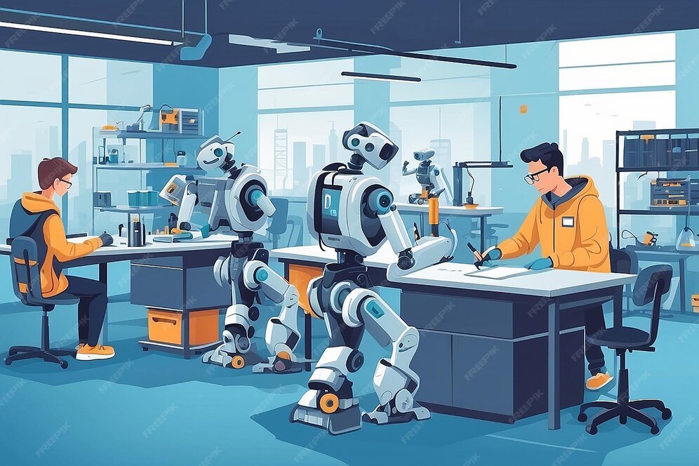 Premium Photo | Depict a robotics lab corner with students working on ...