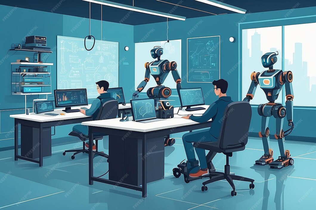 Premium Photo | Depict a robotics lab with students developing AI algorithms for autonomous robots