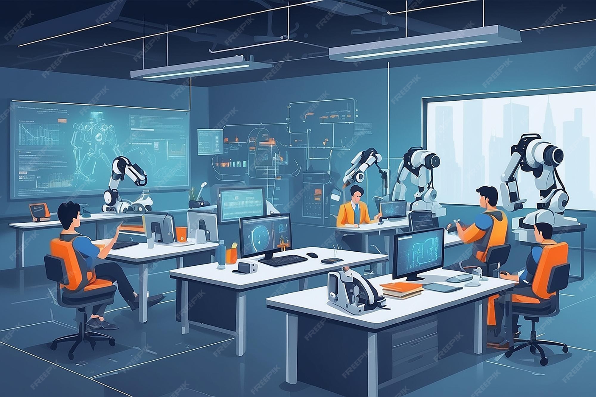 Premium Photo | Depict a robotics lab with students developing AI ...
