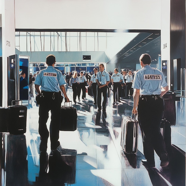 A detailed view of airport security personnel conducting checks and ... A detailed view of airport security personnel conducting checks and ...