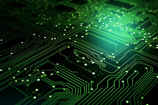 Cpu 마이크로칩과 다양한 구성 요소 최첨단 기술을 갖춘 현대 전자 회로 기판의 상세 보기 이 근접 촬영 이미지는 배너 표지 브로셔 및 프리젠테이션에 이상적입니다