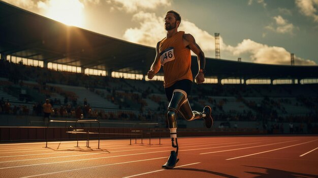 Determined amputee athlete sprinting on a track towards a bright future ... Determined amputee athlete sprinting on a track towards a bright future ...