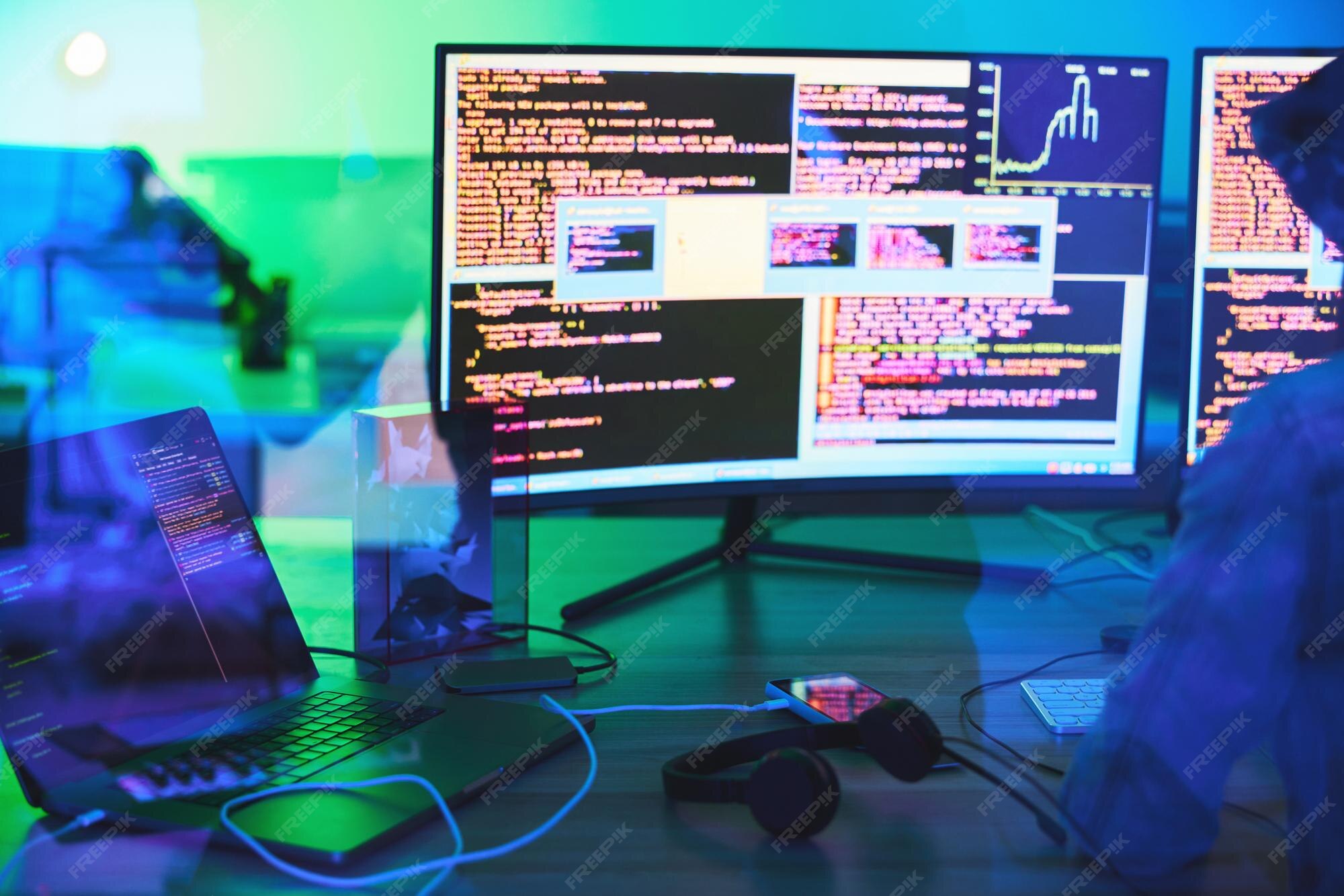 Premium Photo Developer Code Or Computer Screen In Neon Programming