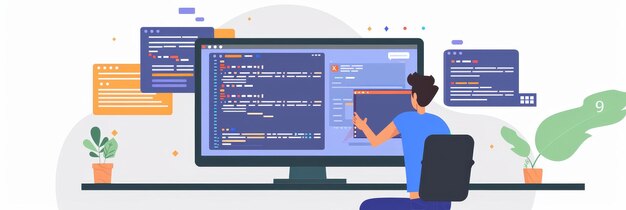 Developer Coding on Large Monitor Surrounded by Floating UI Elements ...