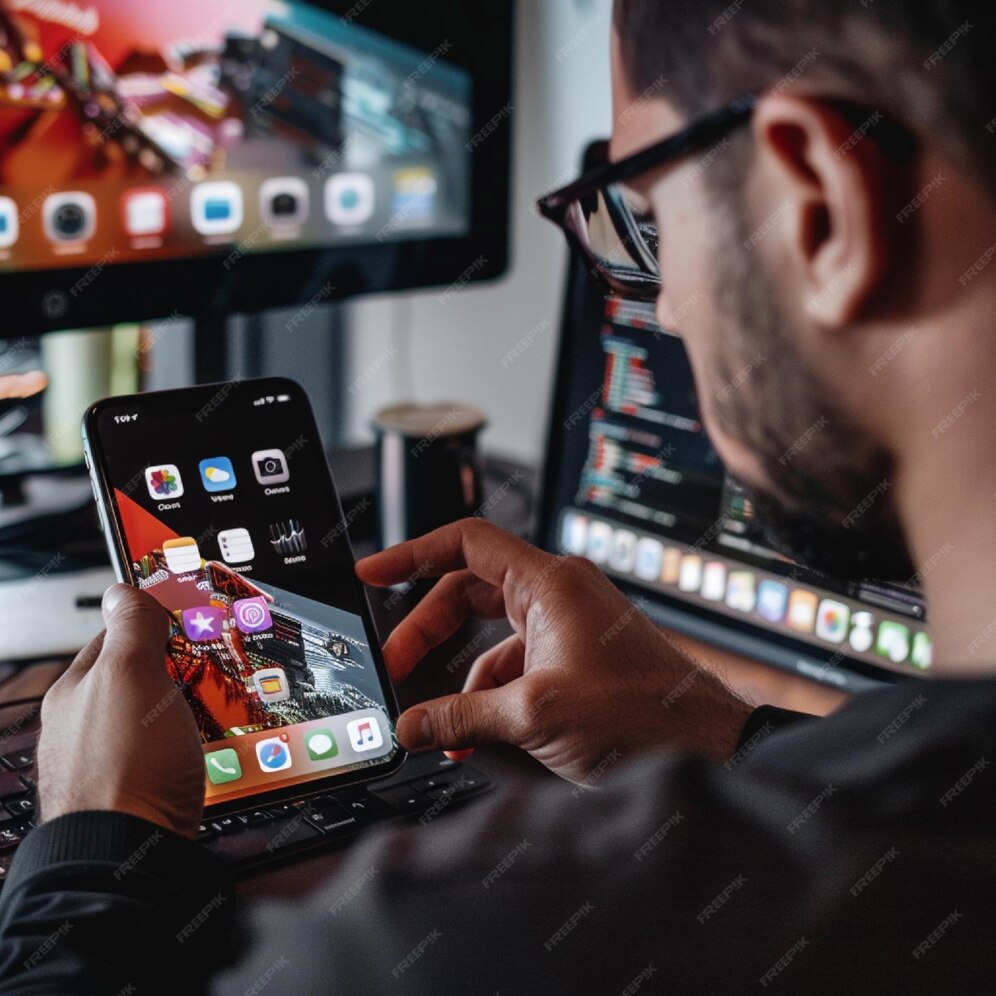 A developer coding a mobile app using Swift in Xcode | Premium AI-generated image