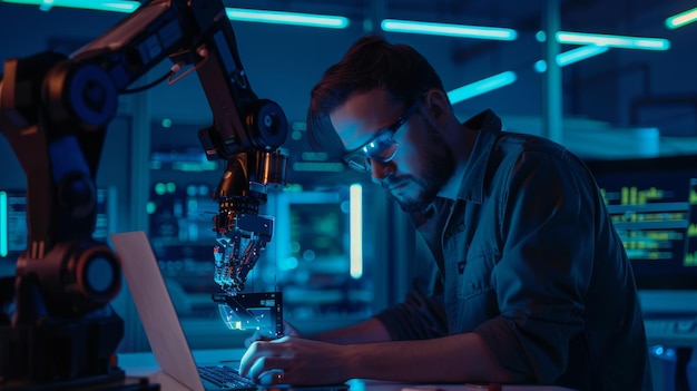 Developer at computer writing code while working with robotic arm ...