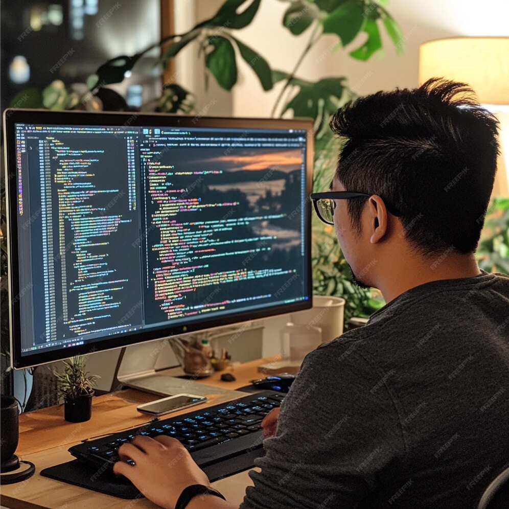 A developer designing an API in Nodejs with code snippets visible on the screen | Premium AI ...