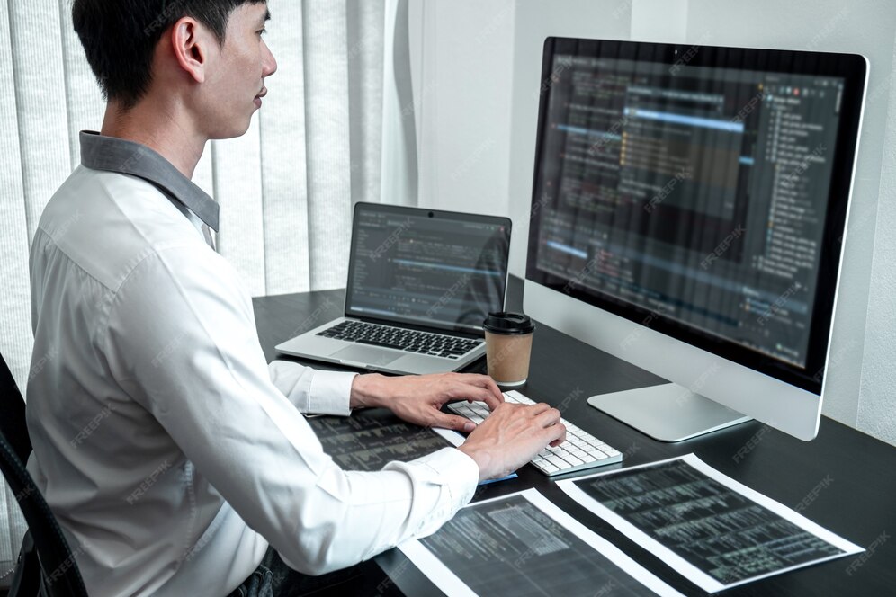 Premium Photo | Developer programmer working on coding program software computer in office