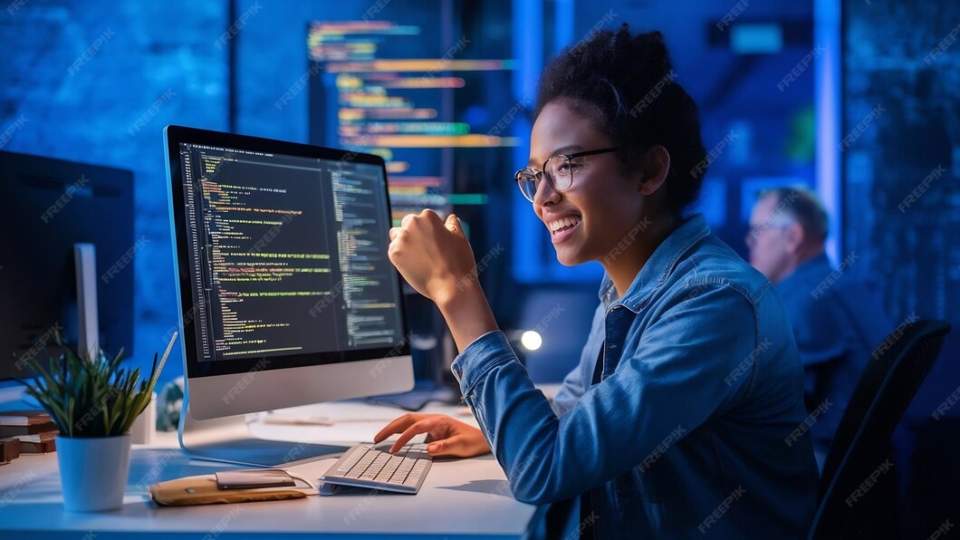 Developer programmer working on coding program software computer in office | Premium AI ...