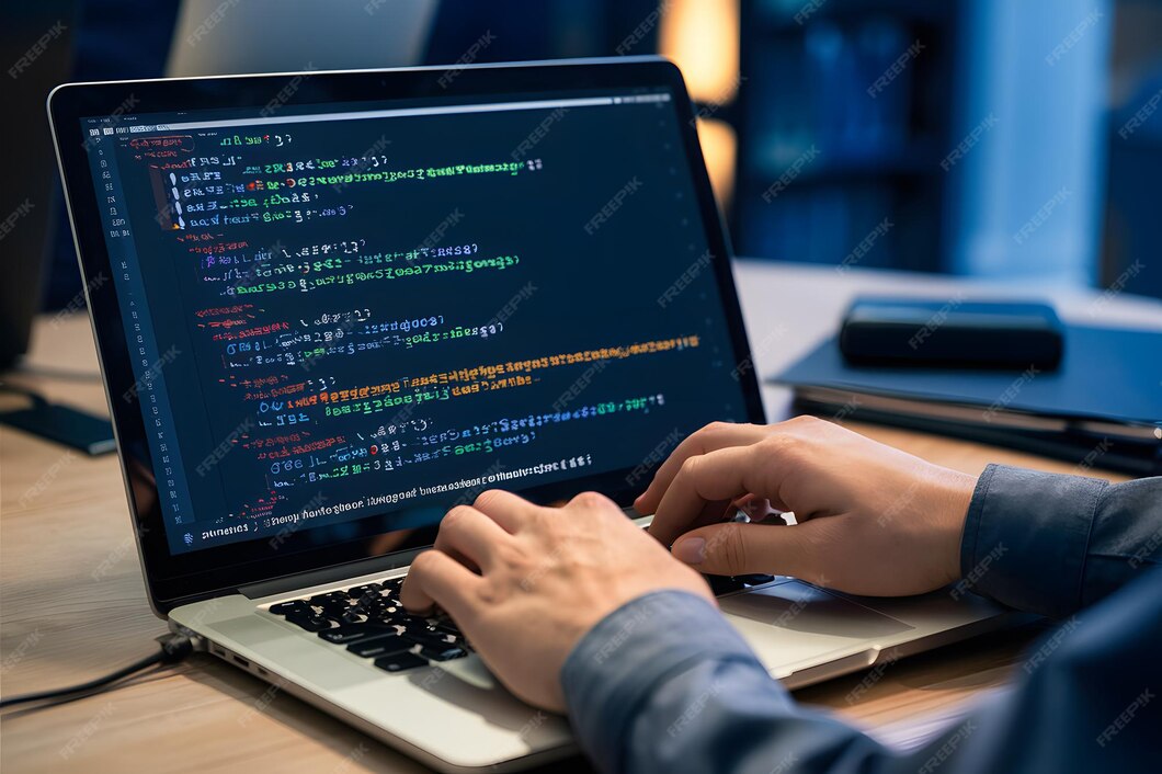 Developer typing complex C and JavaScript code related to web dev with ...