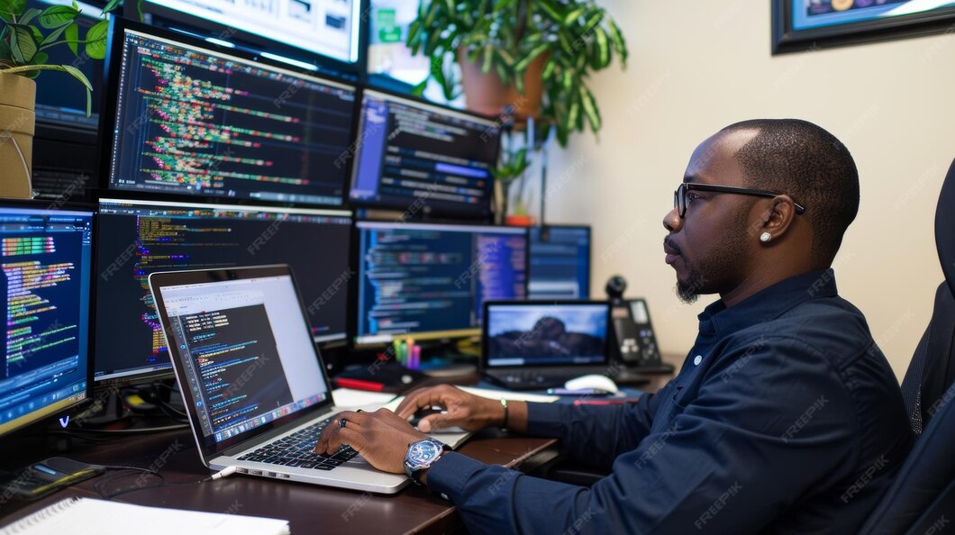 Premium Photo | A developer uses a laptop to write code at a desk with multiple screens and a ...