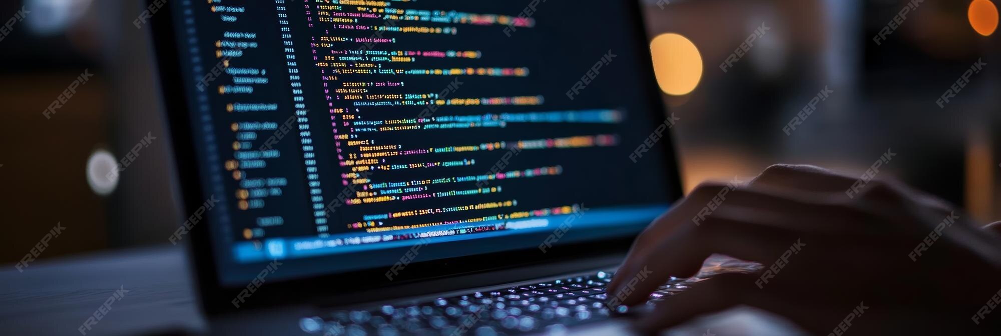 Developer39s hands working on a laptop with multiple lines of code on a ...