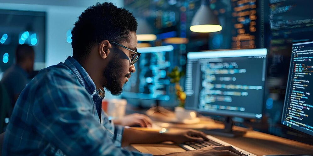 Premium Photo Developers Collaborating On Coding In A Modern Tech Workspace Concept Pair
