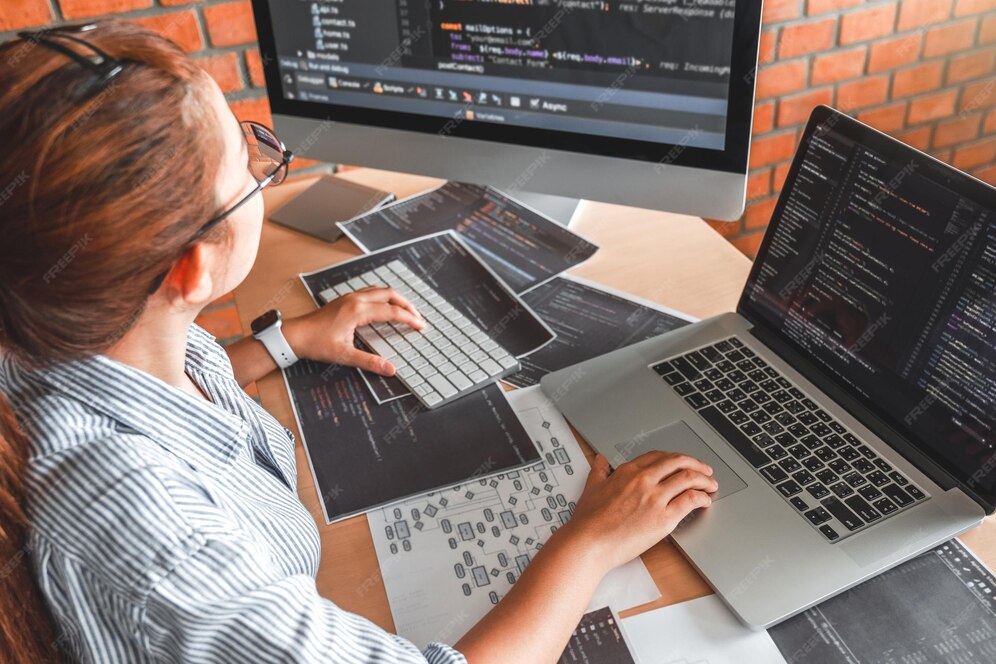 Premium Photo | Developing programmer reading computer codes development website design and ...