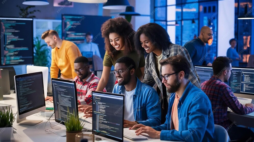 Premium Photo | Developing programmer team development website design and coding technologies ...